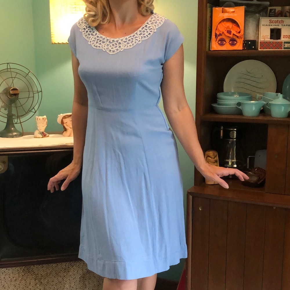 Vintage 1950s Dusty Blue Linen Dress & Bolero - Gem